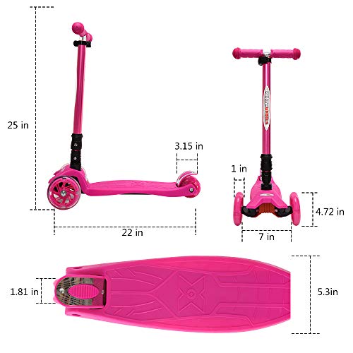 ChromeWheels Scooters for Kids, Deluxe Kick Scooter Foldable 4 Adjustable Height 132lbs Weight Limit 3 Wheel, Lean to Steer LED Light Up Wheels, Best Gifts for Girls Boys Age 3-12 Year Old, Pink