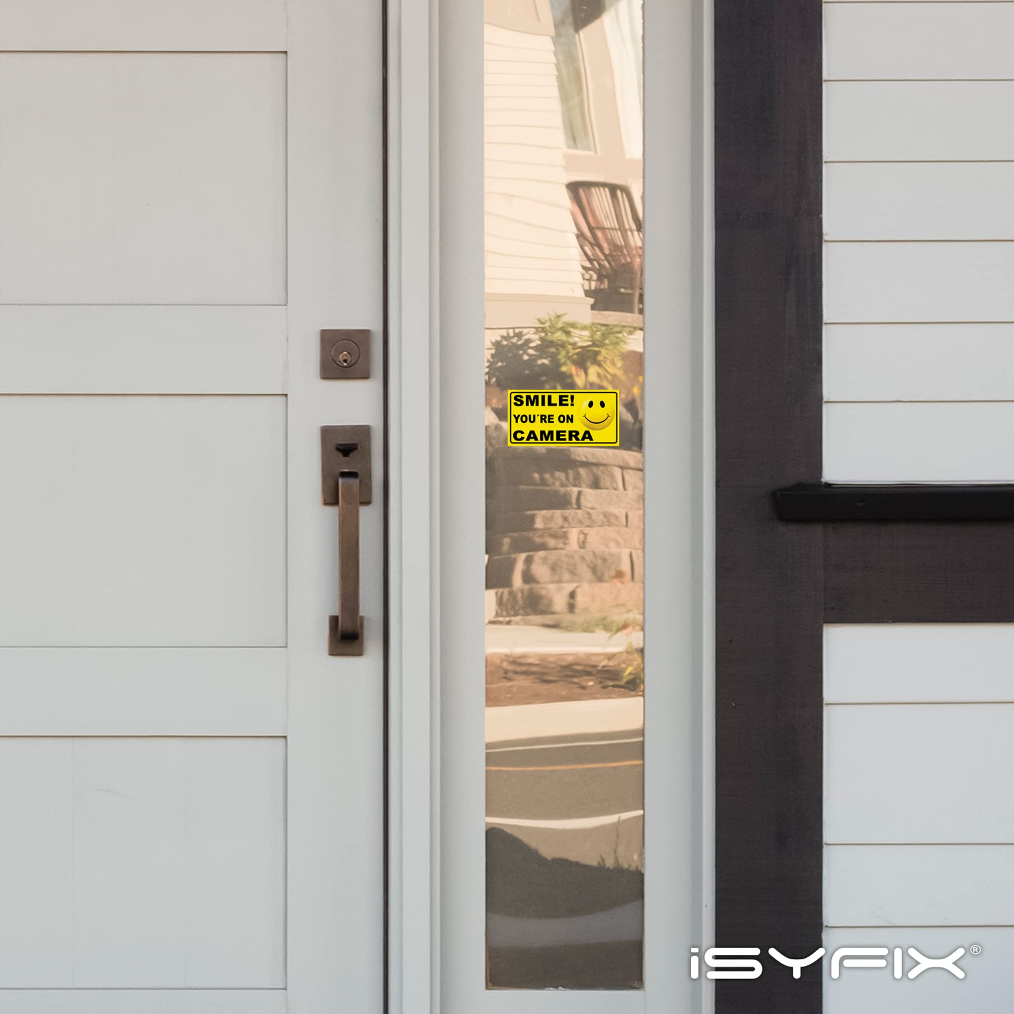 iSYFIX Smile You're on Camera Stickers for Business β 6 Pack 4x2 Inch β Self-Adhesive Vinyl Decal, Laminated for Ultimate UV Protection, Fade Resistance, Security Camera Sign for Home, Business, CCTV