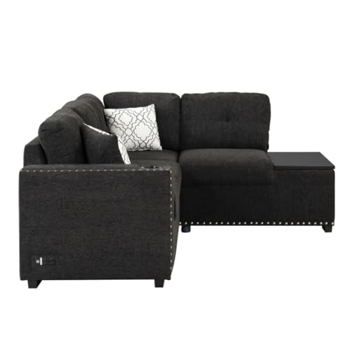ADUH 83.8" L-Shaped Sofa,Comfy Couch,Reversible Sectional Pull-Out Sofa Bed with Storage Chaise,USB Power Sockets