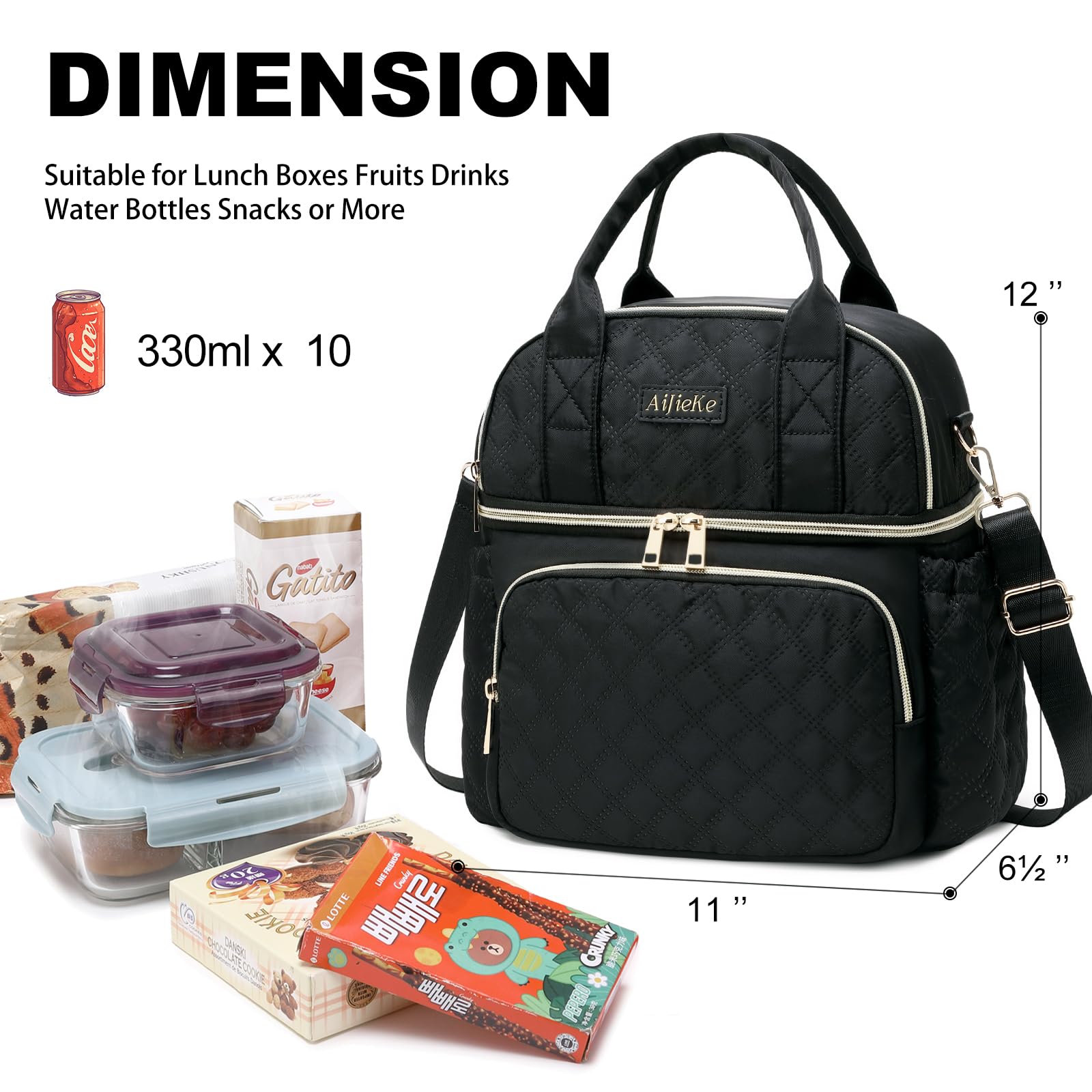 AIJIEKE Lunch Bag for Men Women, Dual Compartment Lunch Box Insulated Lunch Bags, Large Adult Double Deck Leak Proof Lunch Tote Cooler with Adjustable Shoulder Strap for Work Picnic Beach, Black