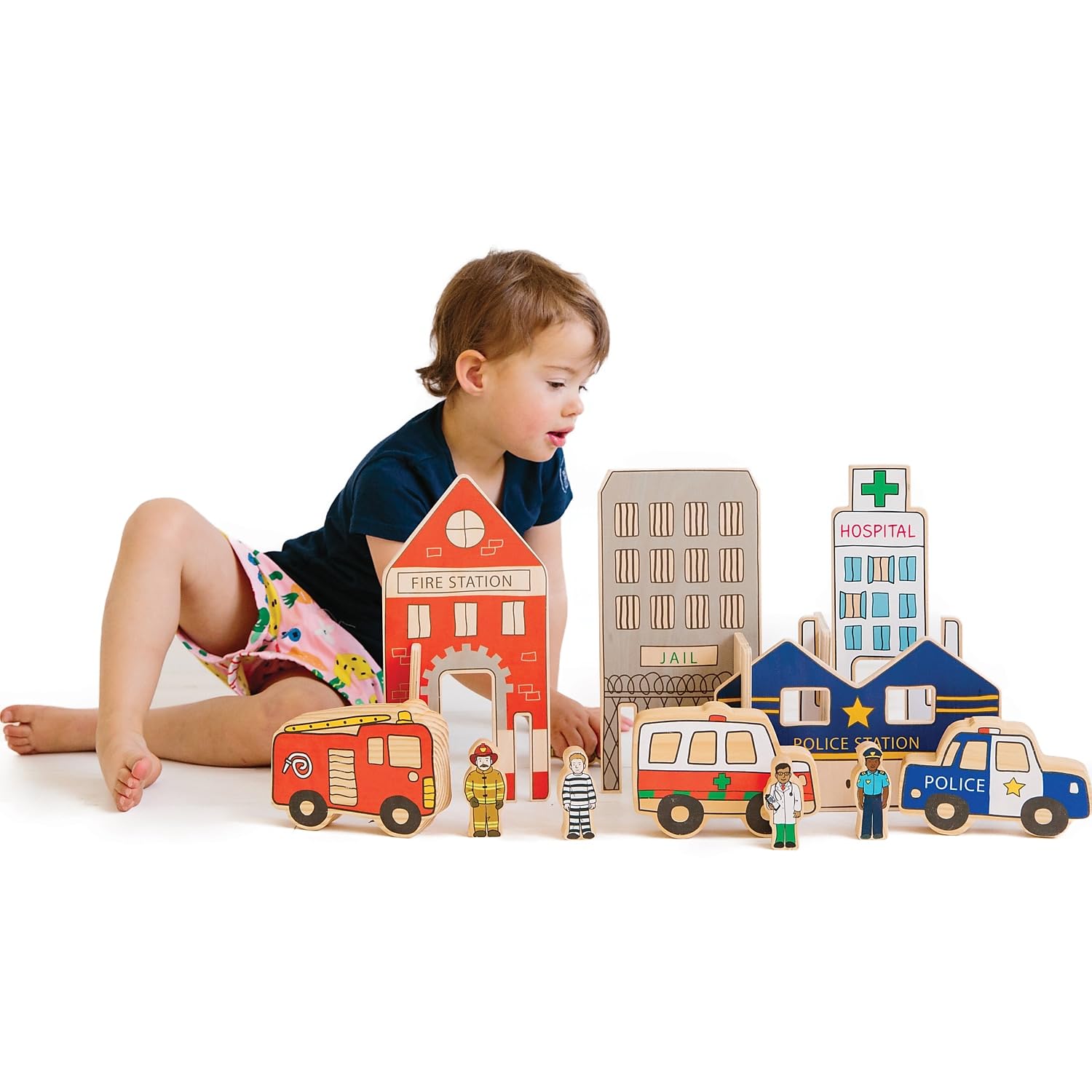 THE FRECKLED FROG Happy Architect - Emergency - Set of 20 - Ages 2+ - Wooden Blocks for Preschoolers and Elementary Aged Kids - Includes Workers, Vehicles and Buildings