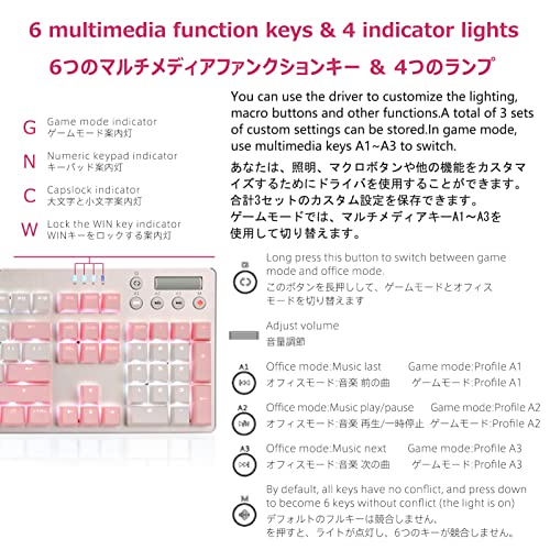 AK35i Mechanical Gaming Keyboard, 104 Keys and 6 Media Keys Anti-Ghosting, 2 Colors PBT Keycap, Elegant White Backlight, Aluminum Panel (Red Switch/White Backlight, Pink&White)