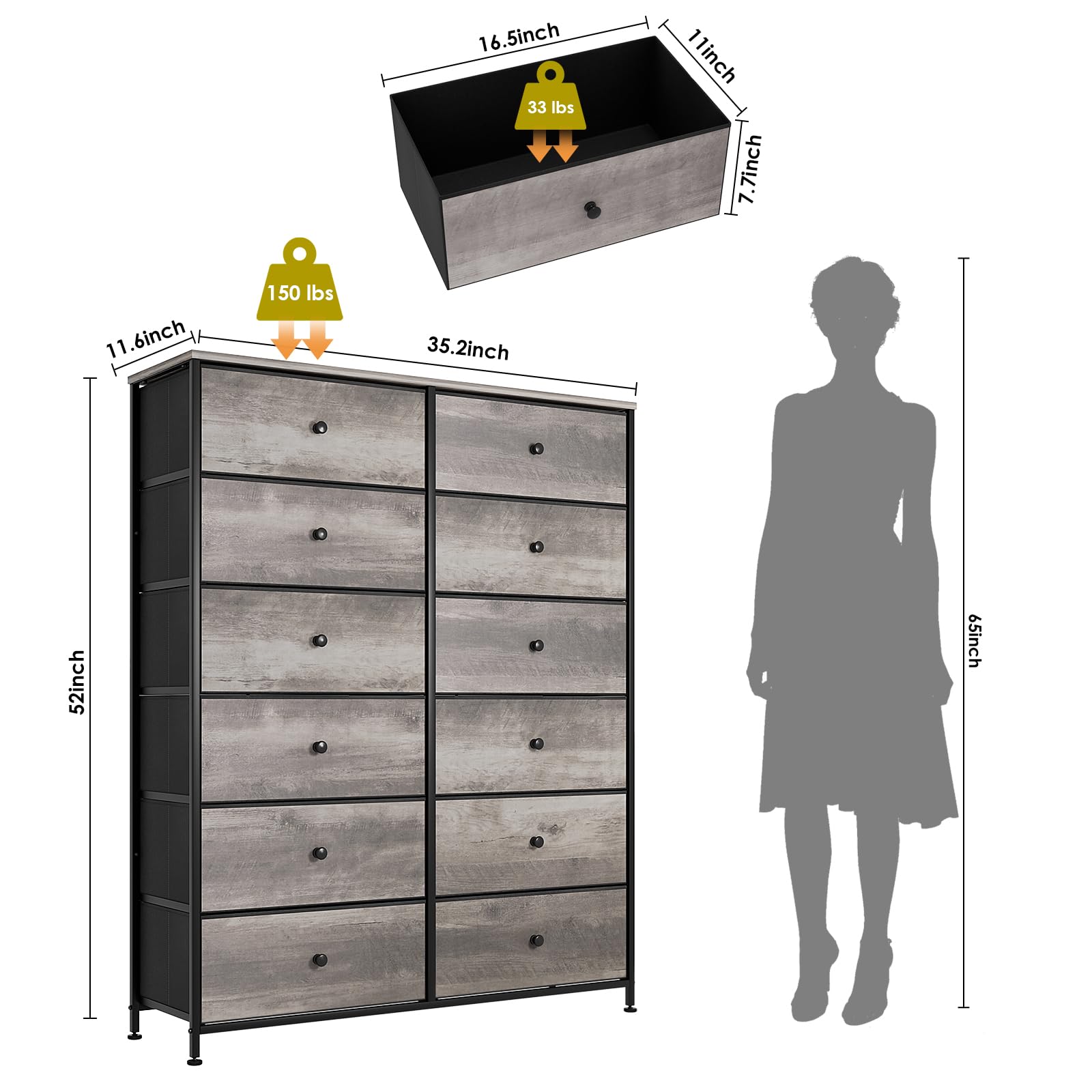 Arlopu 12-Drawer Dresser, 35.2ββ Widened 6-Layer Fabric Storage Tower w/Textured Print Fabric Bins, Tall Chest Organizer Unit for Living Room, Hallway, Nursery, Closets, Adjustable Feetpad