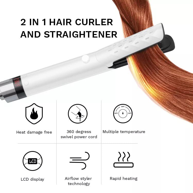AIKO PRO 2 in 1 Ceramic Cool Airflow Hair Styler Portable Hair Straightener and Curler, 3D Floating Plate Flat Iron, Cool Air Styler, Travel-Friendly Dual Voltage White