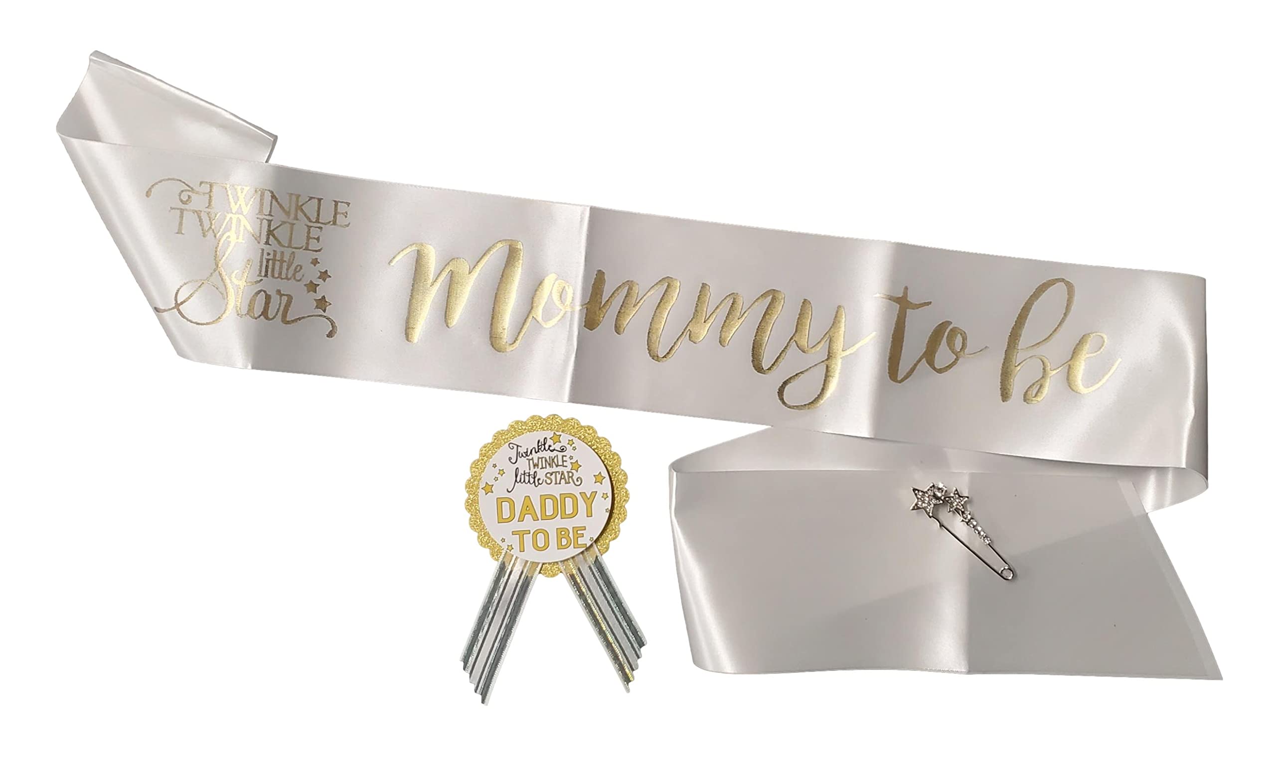 Amy's Bubbling Boutique Twinkle Little Star Baby Shower Mommy Sash & Daddy to Be Pin White & Gold Gift Set