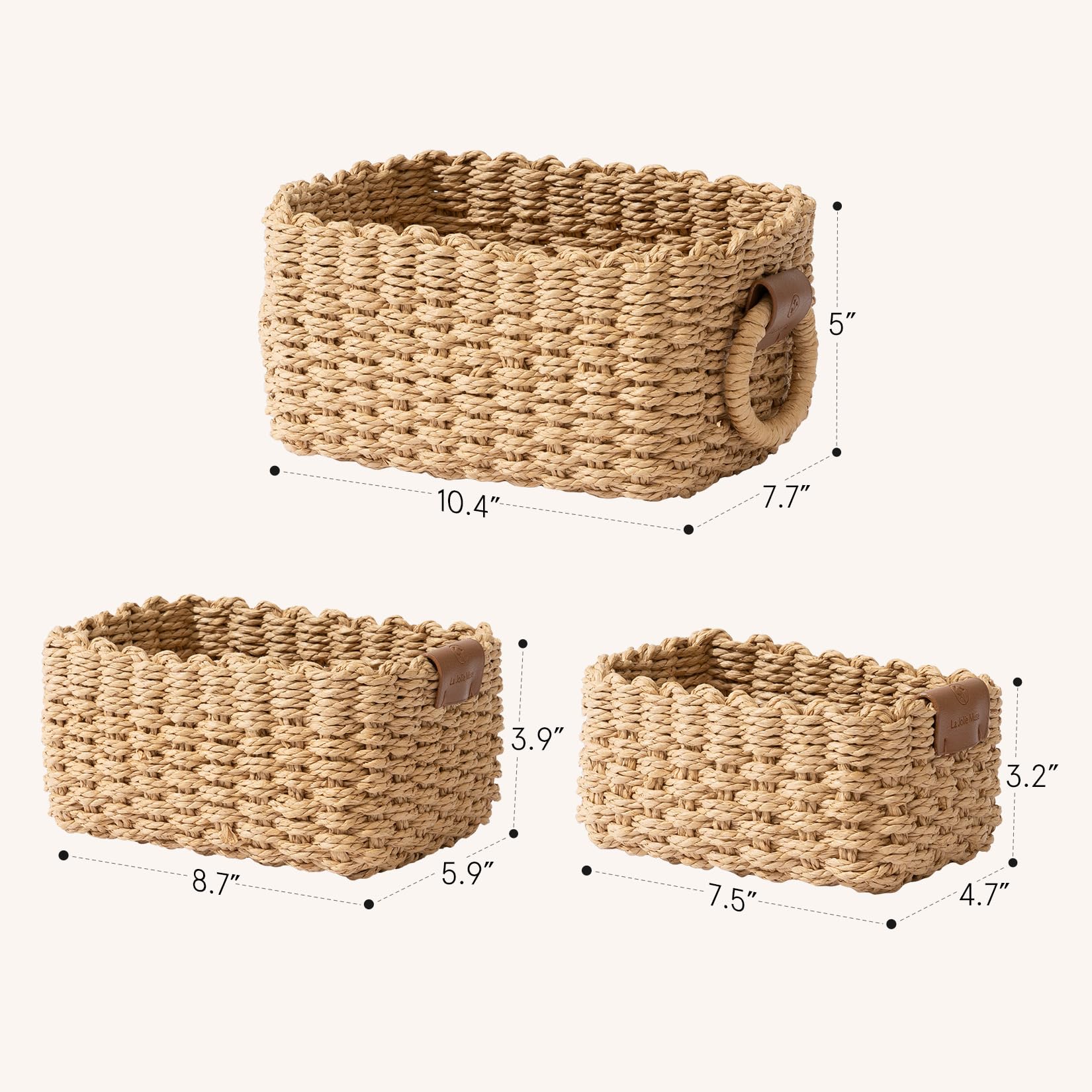 La Jolie Maison Small Sand Wicker Baskets Set of 3, Paper Rope Storage Baskets with Handle, Small Woven Baskets for Organizing, Decorative Cute Baskets for Gifts