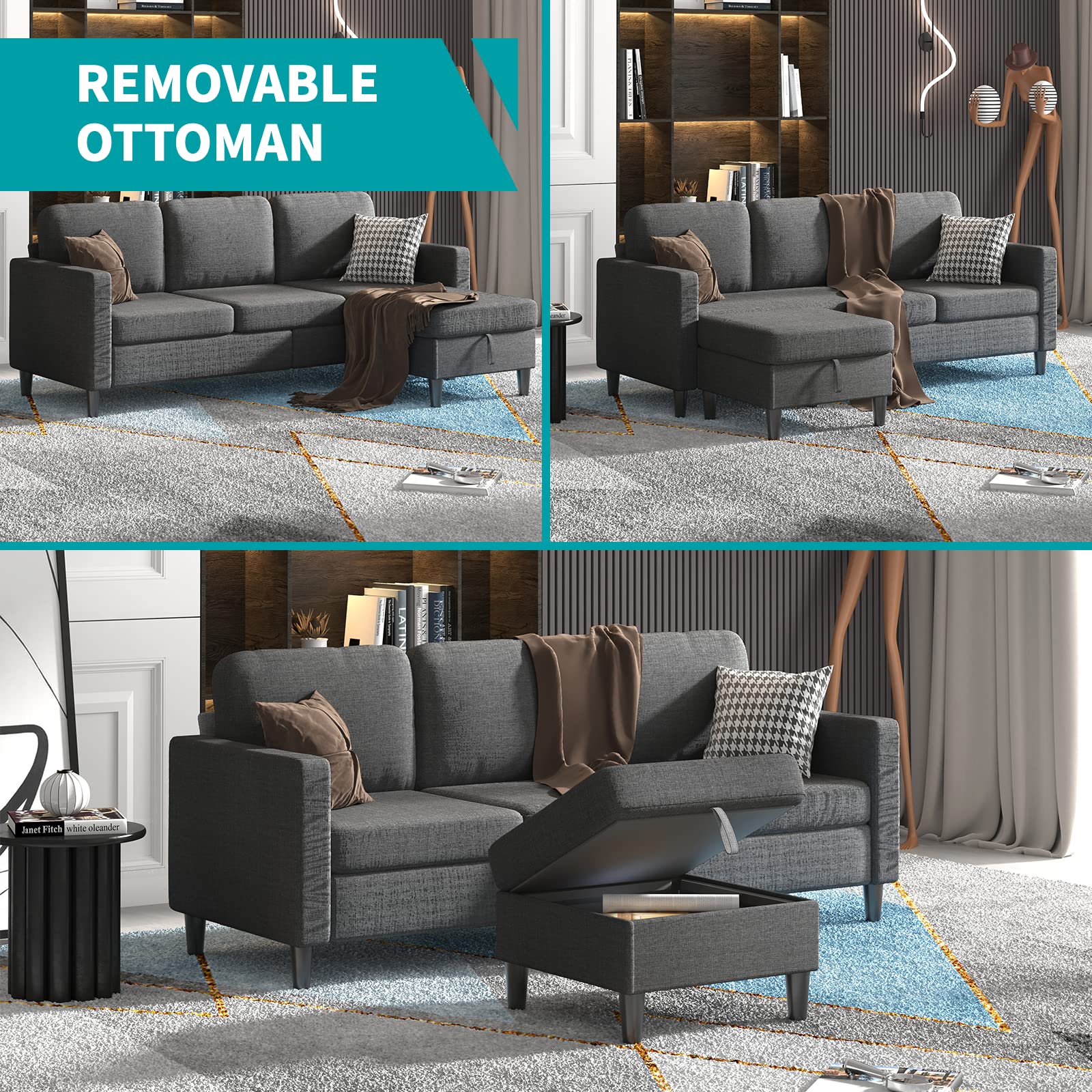 BALUS Sillones para Sala Convertible Sectional Sofa Couch,3-seat L-Shaped,Reversible Modern Couch with Movable Storage Ottoman Chaise, Free Combination Sofa for Living Room and Office(Dark Gray)
