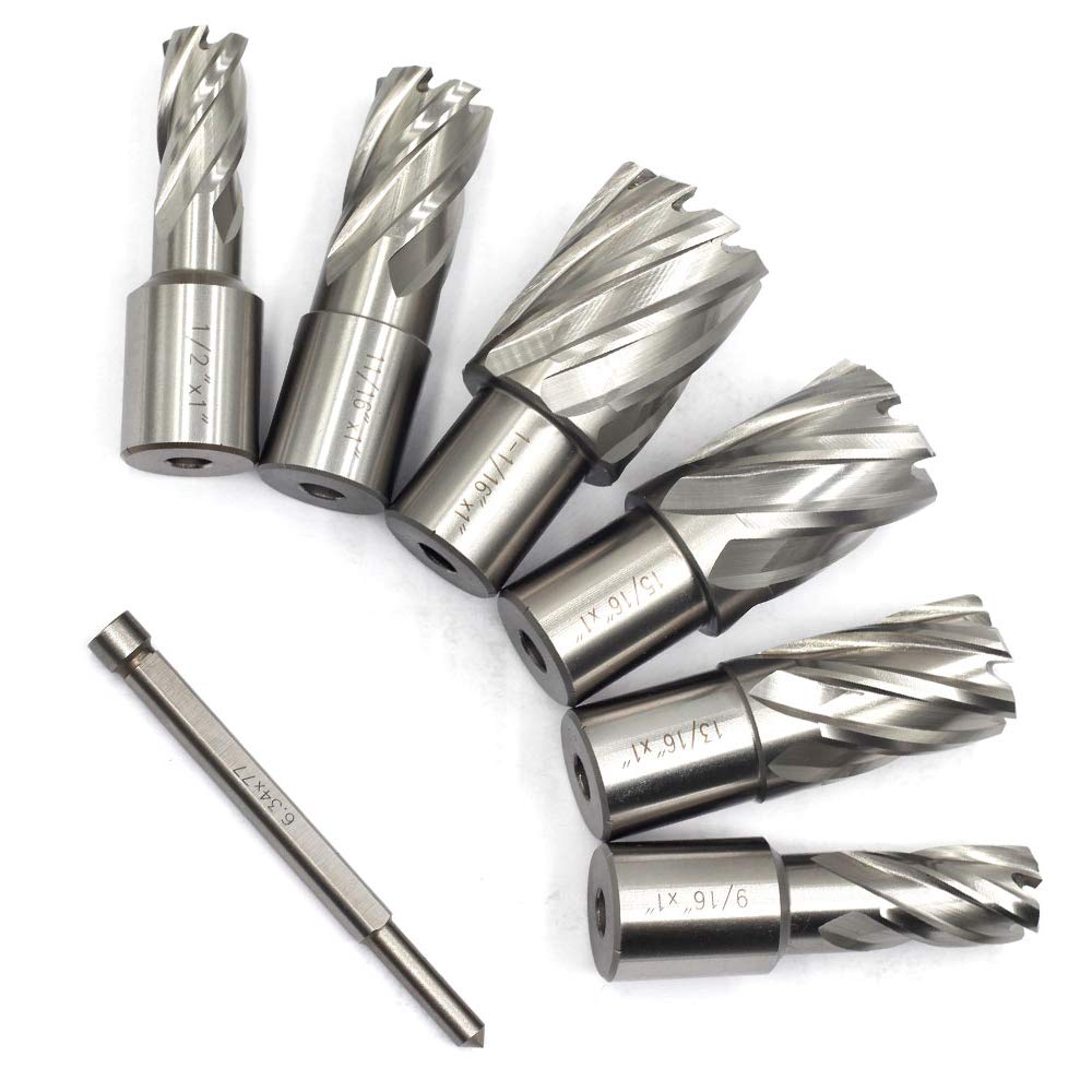 OSCARBIDE Annular Cutter Set 7 Pieces 3/4" Weldon Shank 1"Cutting Depth,1/2 to 1-1/16 inch Diameter,2 Flats Annular Cutters HSS Mag Drill Bits Kit for Magnetic Drill Press with 1 Pieces Pilot Pin