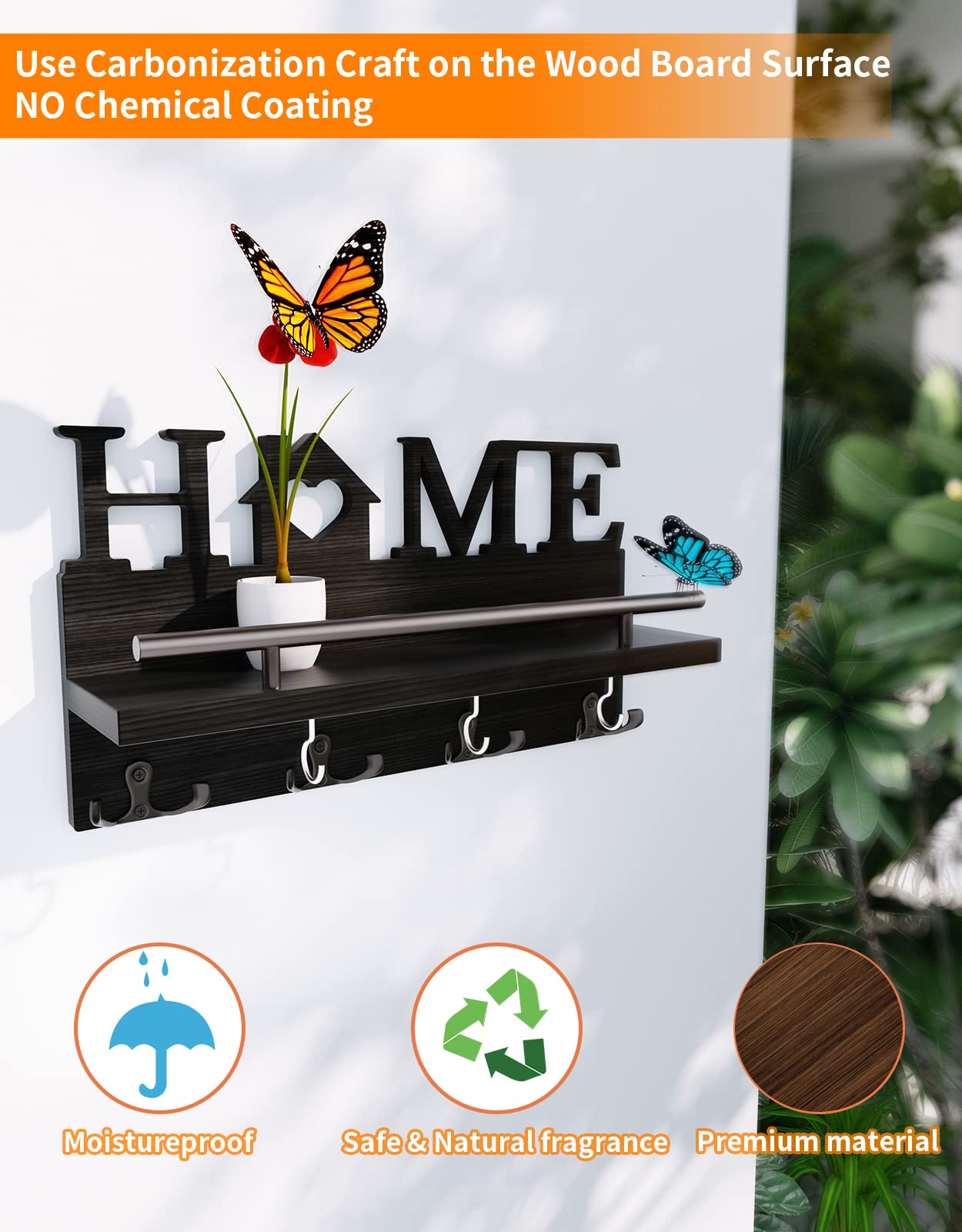 SWTYMIKI Key Hooks for Wall with Home Decoration, Wood Mail Organizer with Key Holder and Mail Holder Design, Wall Mounted Key Hanger Suitable for Entryway, Front Door, Hallway, Office, Black