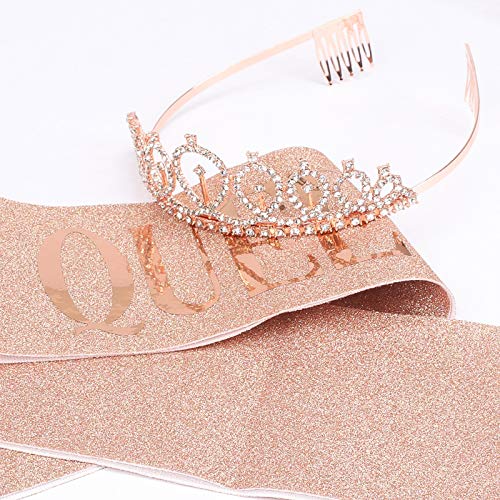 CAVETEE Birthday Crown and Sash for Women Birthday Queen Sash & Rhinestone Tiara Set and Sashes for Decorations Rose Gold Birthday Queen