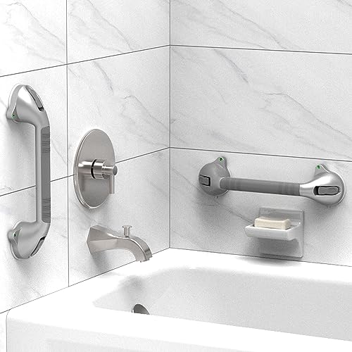 AmeriLuck 16.5inch Suction Bath Grab Bar with Indicators, Balance Assist Bathroom Shower Handle, Silver/Grey(Pack of 2)