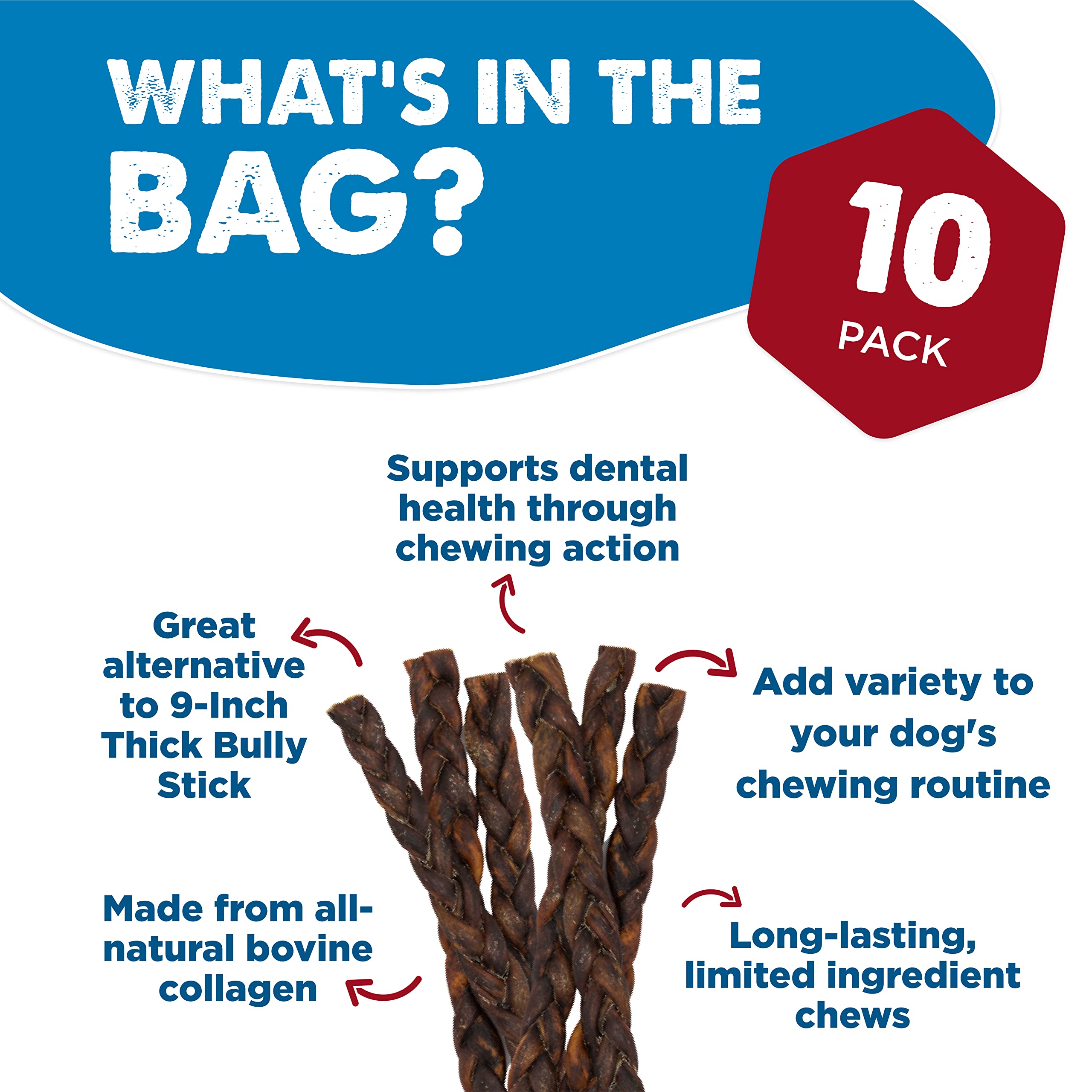 Best Bully Sticks All Natural Dog Chews - 5 Inch Braided Beef Collagen Sticks - USA Baked & Packed - Highly Digestible, Limited Ingredient, Rawhide Alternative Dog Chew - 10 Pack