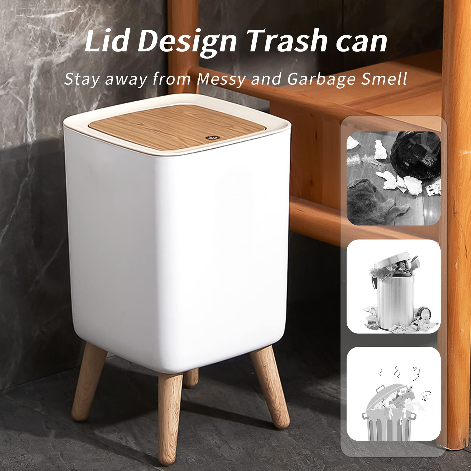 Bedroom Trash Can with Lid,Waste Basket for Bathroom,Kitchen Garbage Can with Push Button, Small Trash Bin,Plastic Rubbish Bin for Office, Living Room, 2.6 Gallon&0.5 Gallon (2 Pieces)