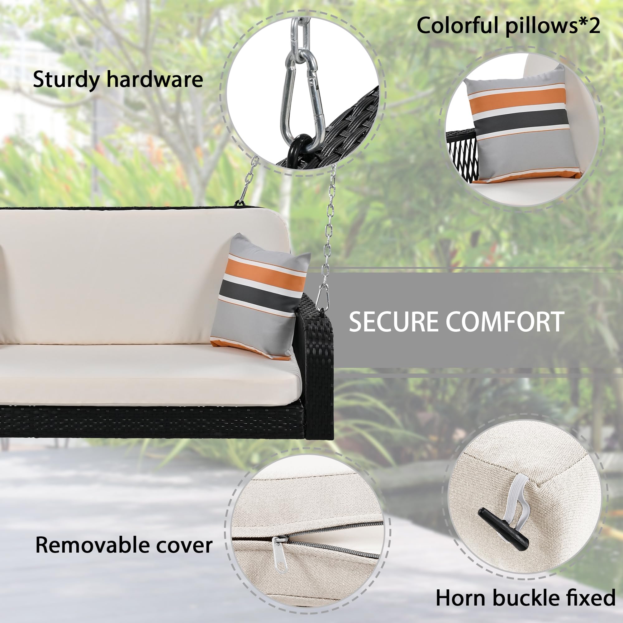 Merax Porch Swing Outdoor, 2 Person Wicker Hanging Bench with Cushion and Pillow, Patio Rattan Lounge for Backyard, Garden, Poolside, Beige