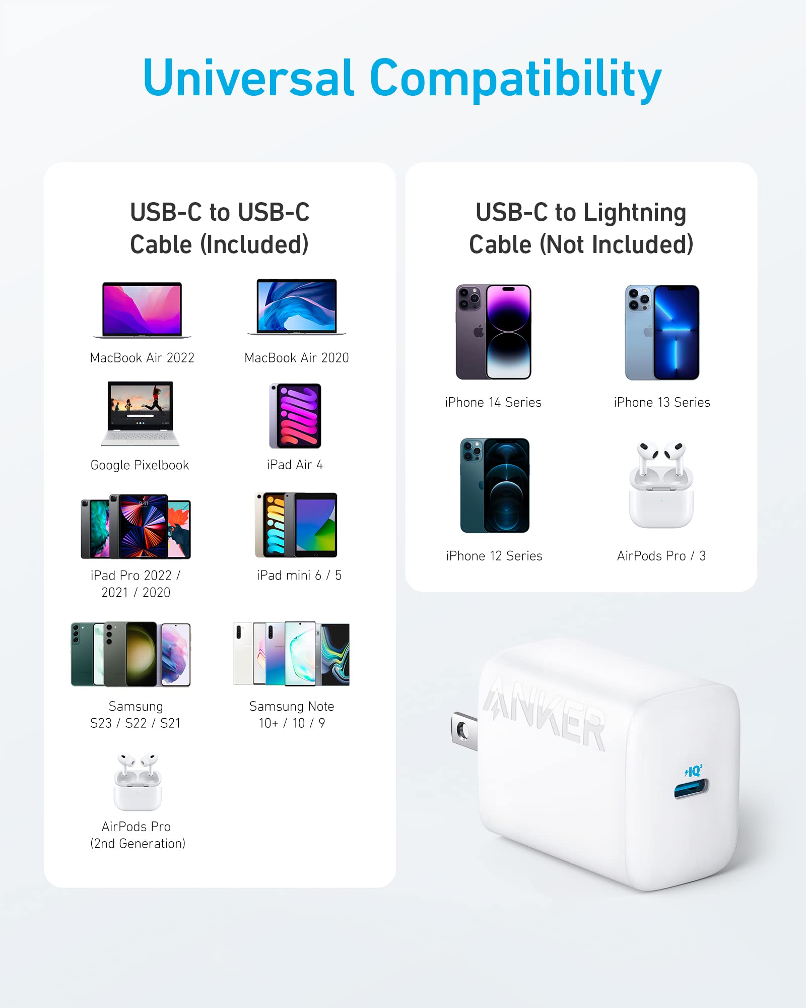Anker 30W USB-C Charger, Anker 312 Charger with Compact and Foldable Design, High-Speed Fast Charging for iPhone 14/13/12 Series, Samsung S23, MacBook Air, iPad Pro, & More 5 ft USB C Cable Included