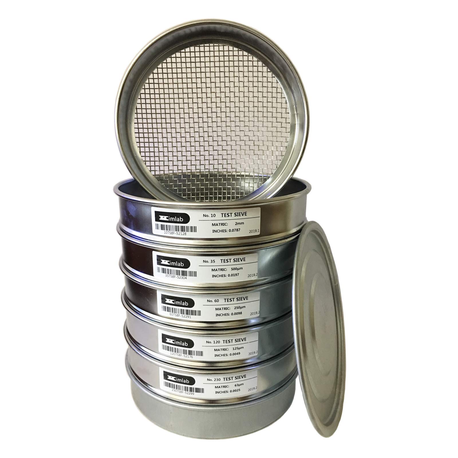 KimLab Economy 8 Pcs Test Sieve with Lid and Pan,#5,#10,#35,#60,#120,#230 Mesh Size,304 Stainless Steel Wire Cloth, 8" Diameter