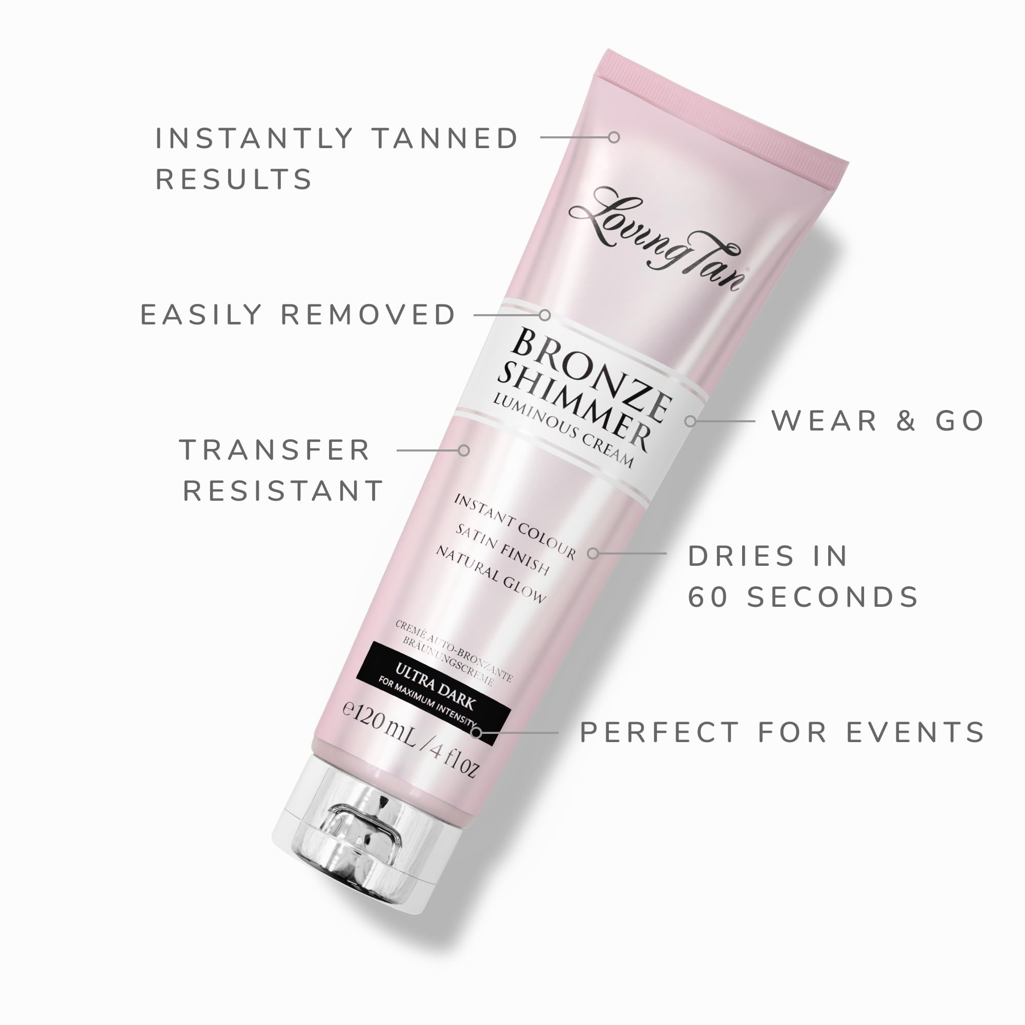 Loving Tan Bronze Shimmer Luminous Cream, Ultra Dark - Streak Free, Natural Looking, Instant Sunless Tanner - 6+ Self Tanning Applications per Tube, Cruelty Free - 4 FL Oz