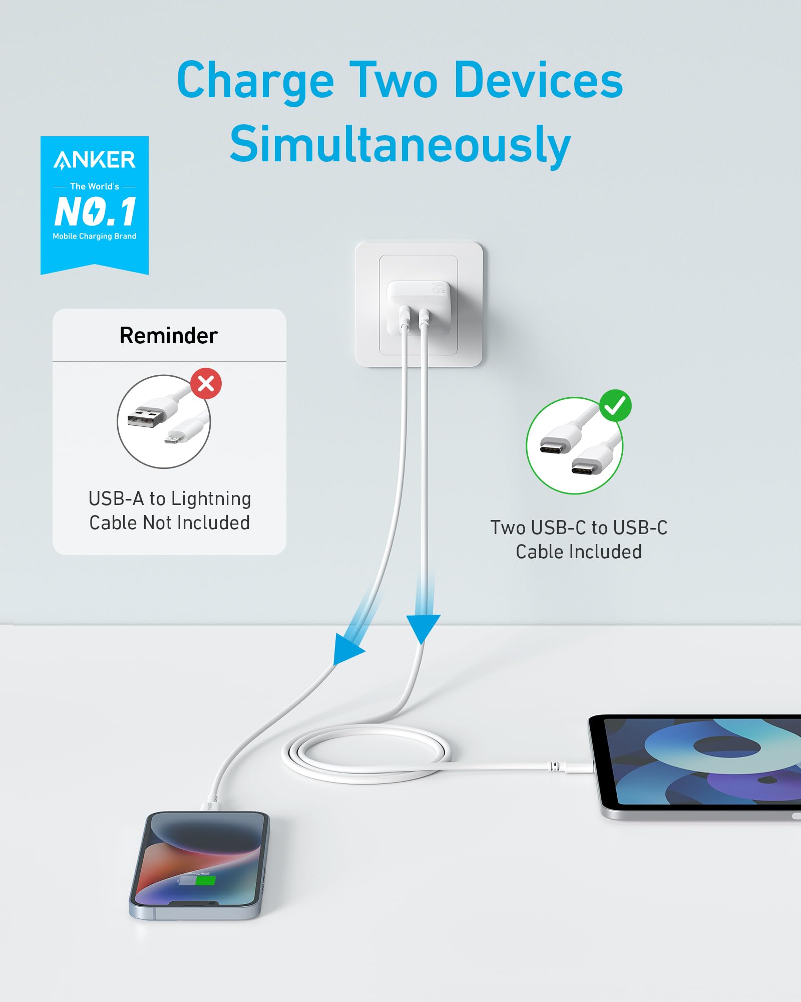 Anker iPhone 15 Charger, Anker USB C Charger Block, 2-Pack 20W Fast Wall Charger for 15/15 Pro/Pro Max/iPad Pro and More, with 2 Pack 5 ft USB-C Cable