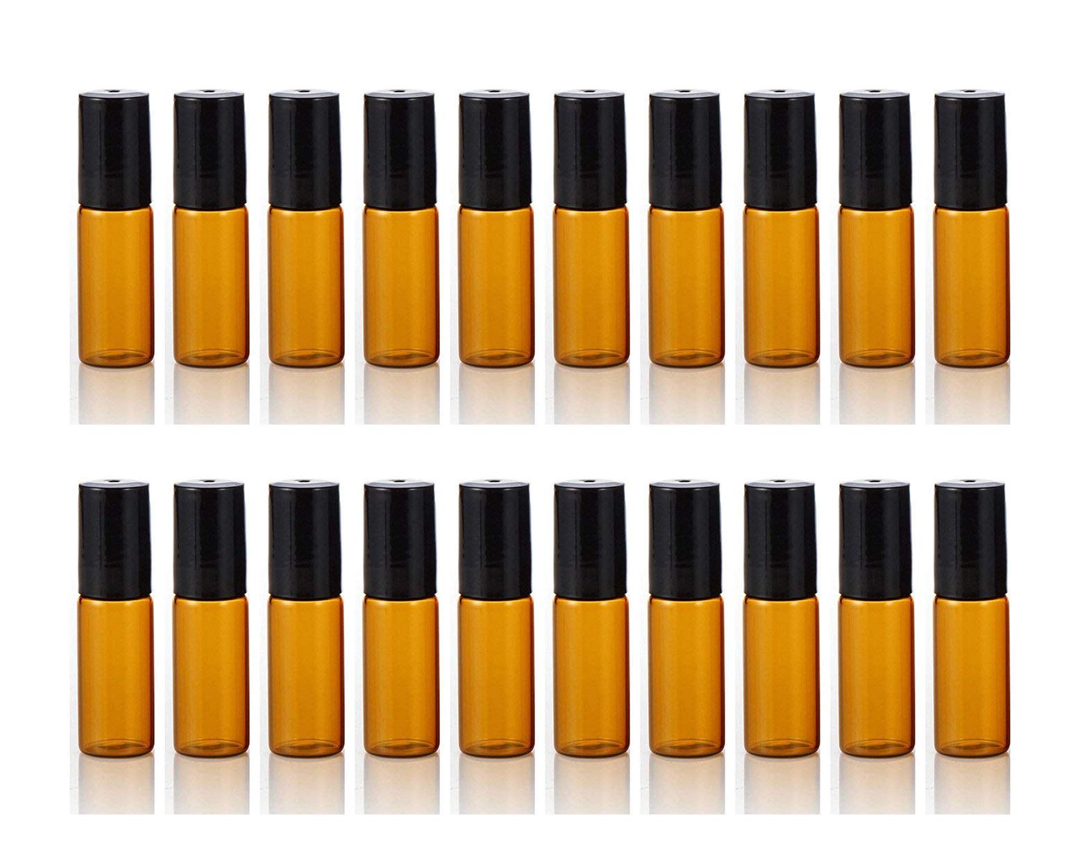 ELFENSTALL- 20PCS 5ml Amber Glass Roller Bottles Roll On Bottle Container with Metal Ball for Essential Oil Aromatherapy Perfumes and Lip Balms - 3ML Dropper Included