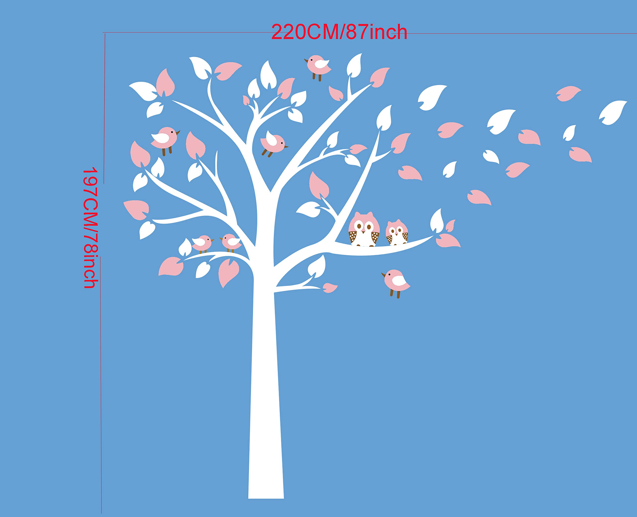 LUCKKYY Cute Owls with Birds Stand on The Tree Wall Decals Tree Wall Decals Tree Wall Sticker for Kid Baby Nursery Room (87x78") (Pink.)