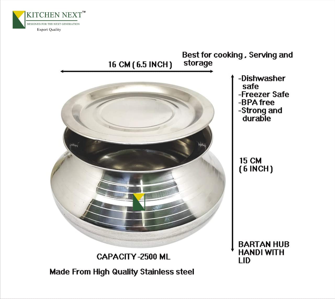 Bartan Hub Stainless Steel Handi with Lid ( Pongal Handi , 2500 ML , Dishwasher Safe ) Handi 2.5 L with Lid (Stainless Steel), Medium