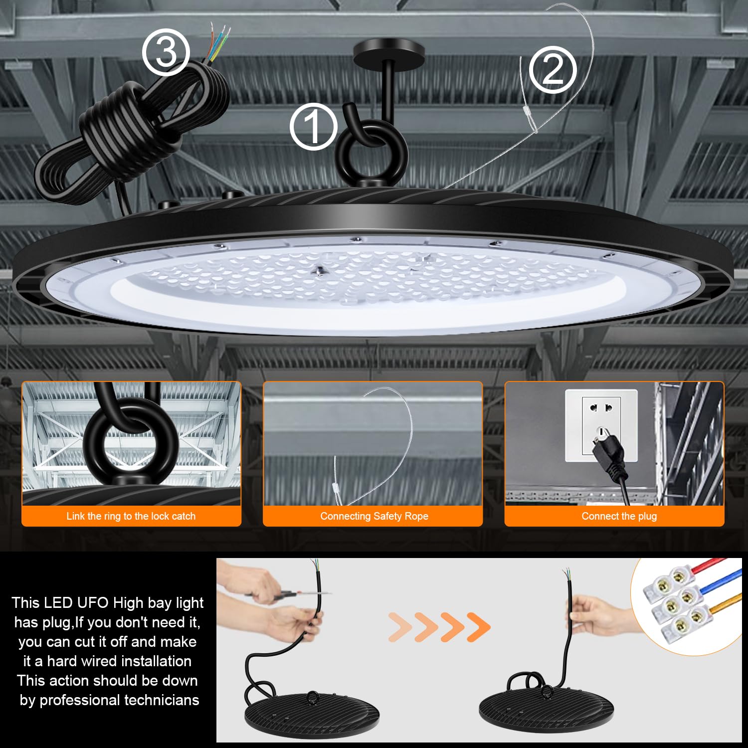 Juyace LED High Bay Light 200W 21000 LM with US Plug 5000K Daylight Shop Light IP65 Commercial Lighting for Barn Garage Warehouse Workshop Industrial Area