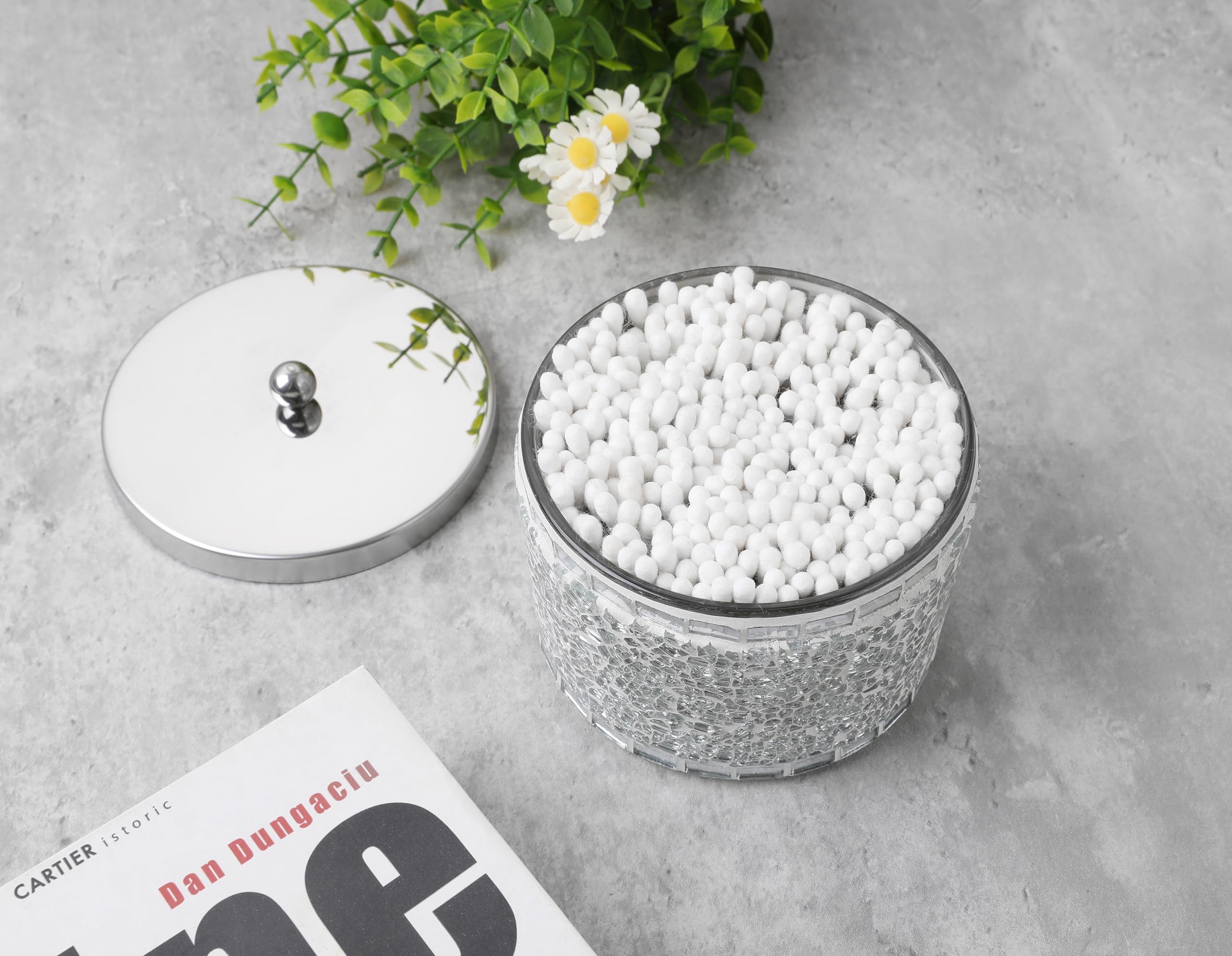 Bathroom Jars q tip holder, Mosaic Glass Cotton Swab Holder, Cosmetics Makeup Accessories Storage for Makeup Sponge Bath Salts Storage Christmas Birthday, Silver