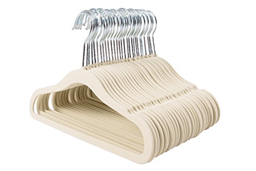 Finnhomy Non-Slip Clothes Hanger for Baby and Kids 30-Pack Velvet Hangers with 10 Finger Clips,Beige