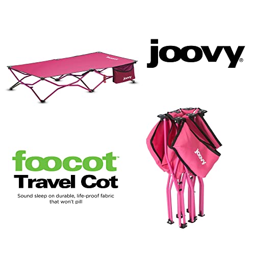 Joovy Foocot Travel Cot Featuring a Steel Frame and Tough Polyester Fabric, Storage Pocket, and Easily Folds into Included Travel Bag β Holds Kids Up to 48β Tall or 75 Lbs (Pink)