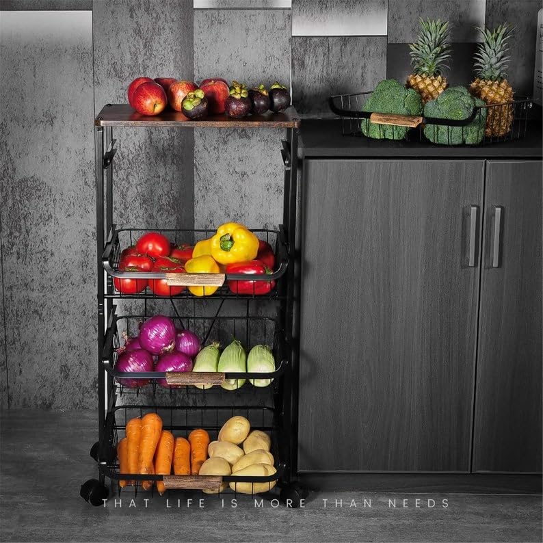 DELORM 5 Tier Vegetable Fruit Kitchen Storage Basket Cart Rack with Universal Wheel Metal Wire Basket Shelf Rolling Storage Cart, Rustic Farmhouse