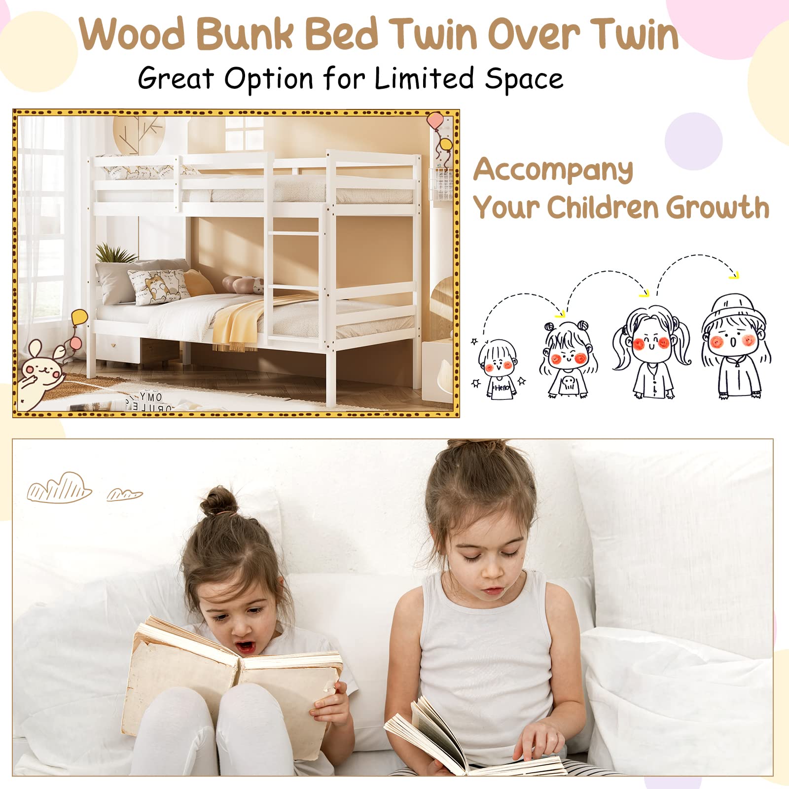 KOMFOTT Wood Bunk Bed Twin Over Twin, Bunk Bed with Ladder & Safety Guardrail, Solid Wood Bed Frame, Ideal for Dormitory & Multiple-Child Family, No Box Spring Needed, Kids Bunk Bed