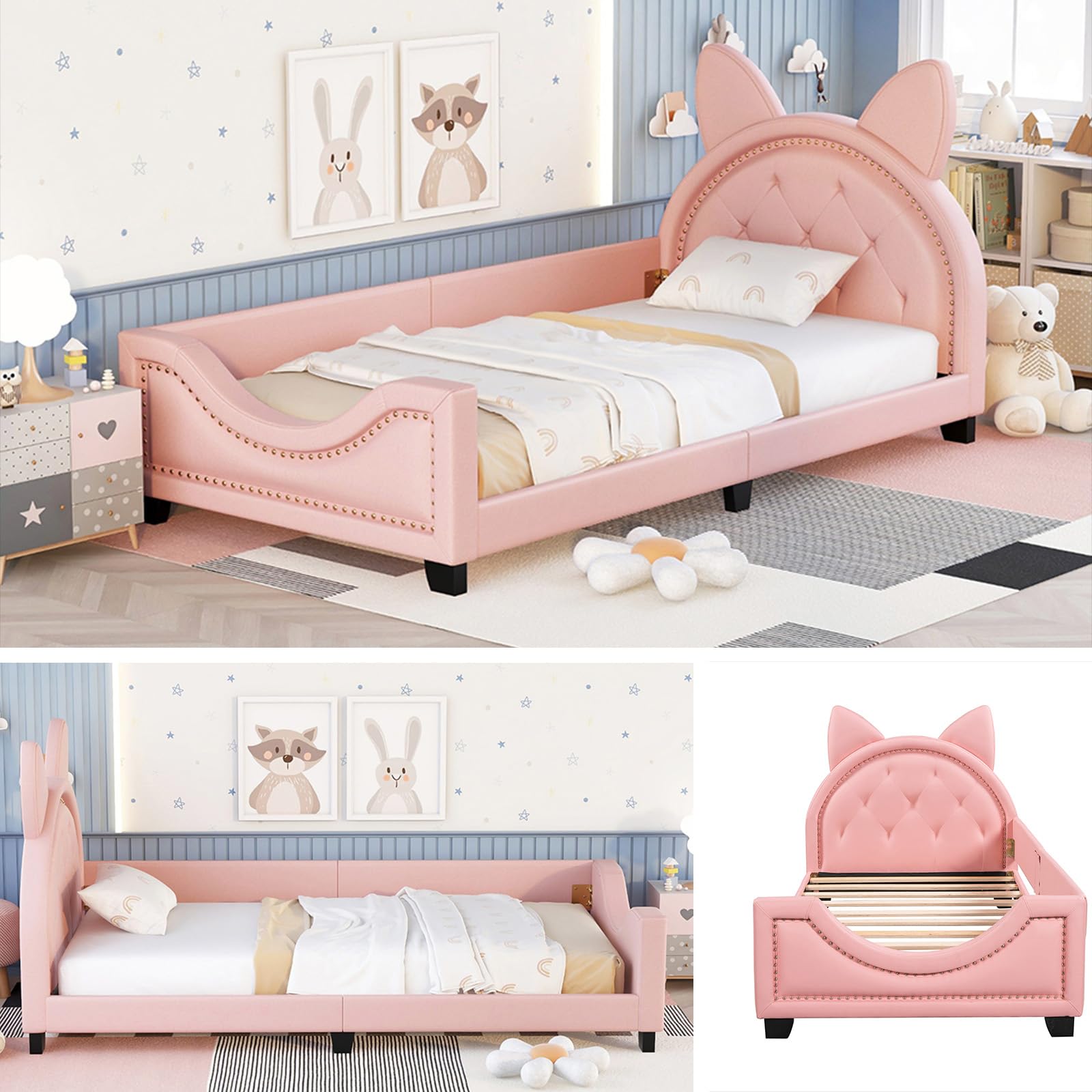 Cute Twin Size Upholstered Daybed, PU Leather Platform Bed with Carton Ears Shaped Headboard, Wooden Slat Supports Bed Frame for Kids, Girls, Boys, Child's Room, No Box Spring Needed (Pink)