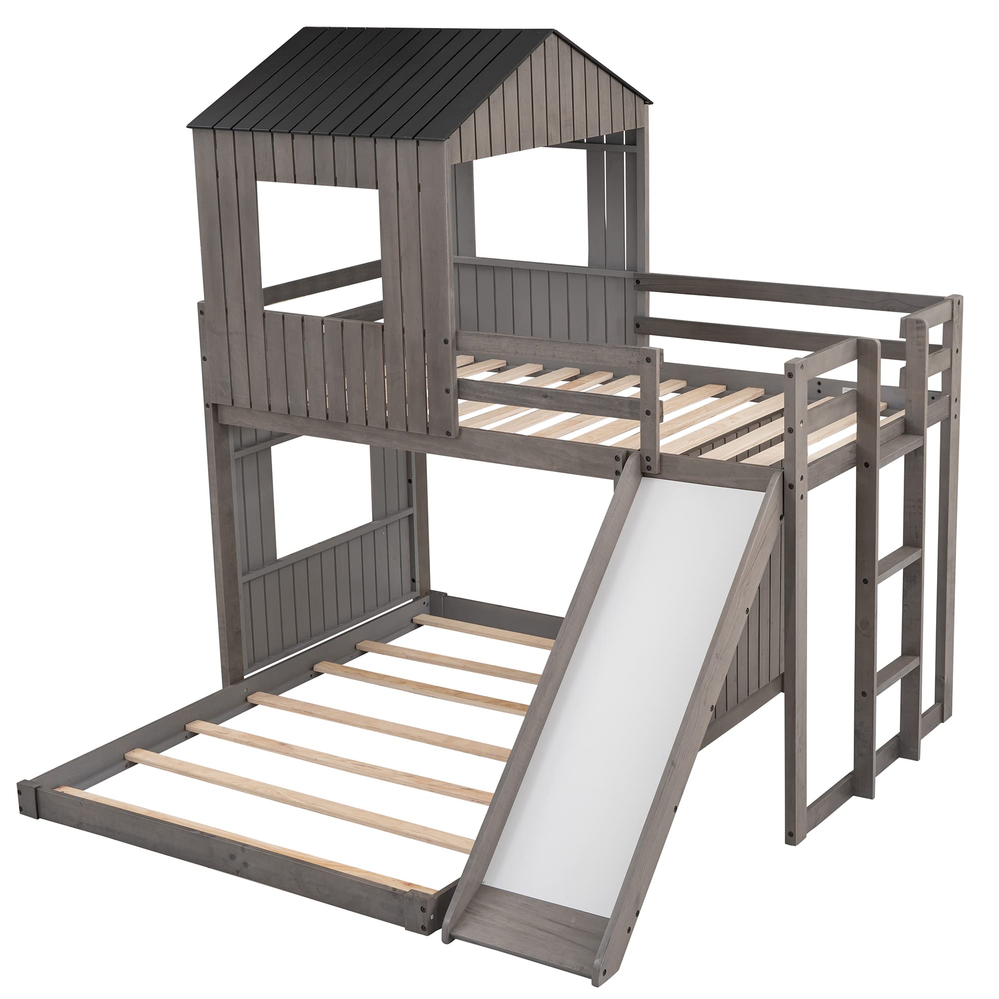Harper & Bright Designs Twin Over Full Bunk Bed Frame, Solid Wood House Bunk Bed with Roof, Window, Guardrail and Ladder,Floor Bunk Beds Twin Over Full Size for Kids, Teens, Boys & Girls (White)