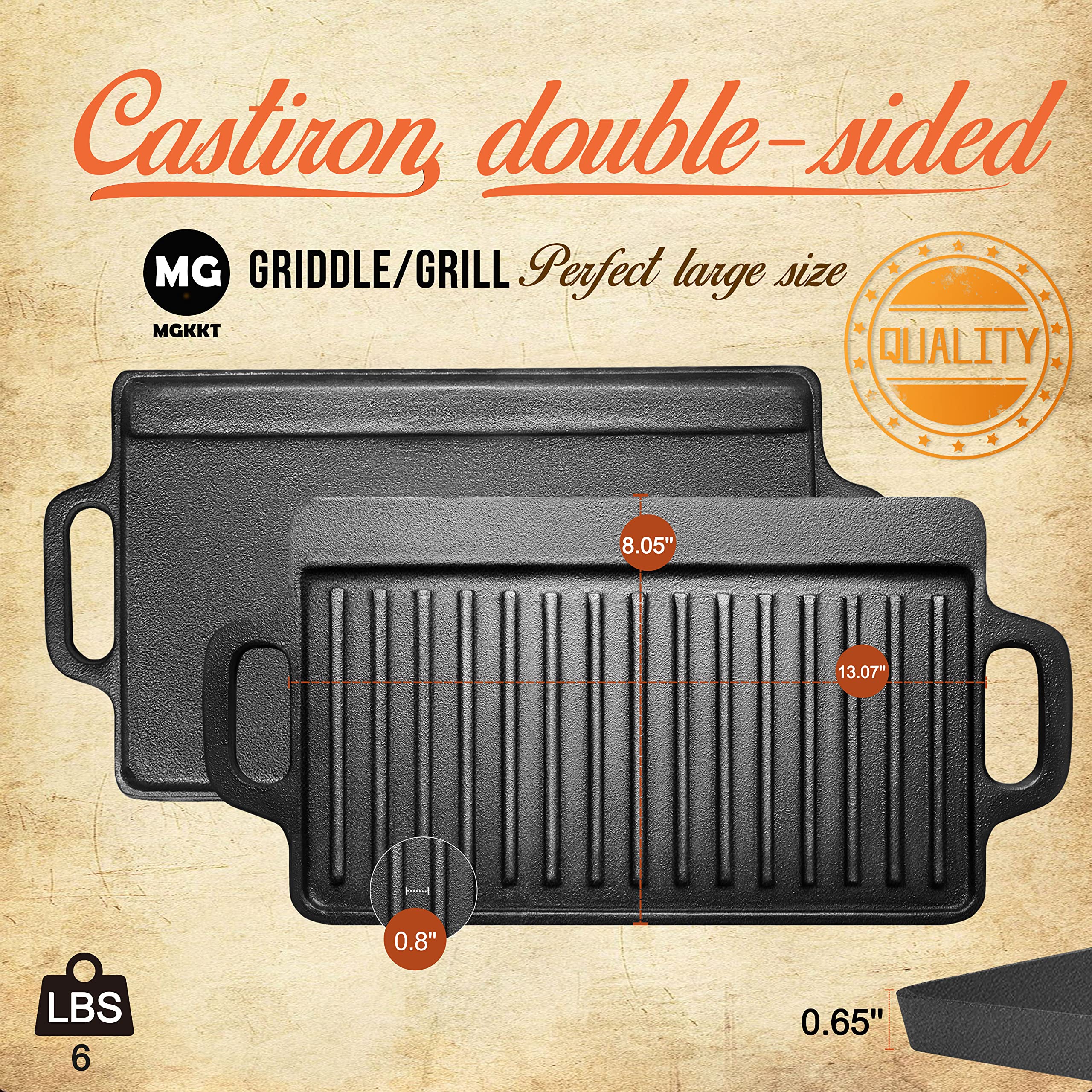 Cast Iron Griddle Plate 13 x 8 inch | Reversible Cast Iron Grill/Griddle Pan | Double Sided Stove Top Griddle On Single Burner | Pre-Seasoned Small Cast Iron Griddle 1 Piece