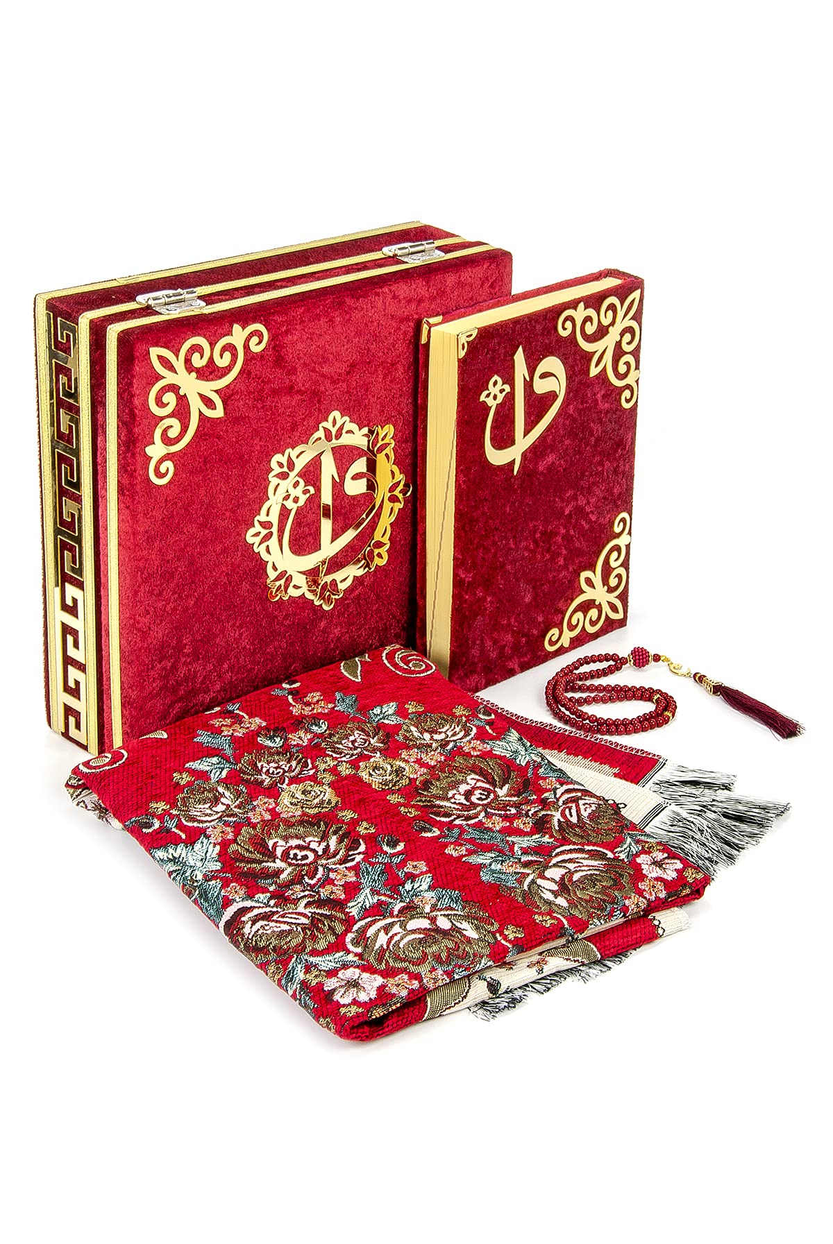 ihvan online Luxury Islamic Prayer Velvet Covered Gift Box, Deluxe 4 Piece Set with Elegant Velvet Covered Quran & Prayer Beads Tesbih & Prayer Rug, Ramadan & Eid Gift, Burgundy