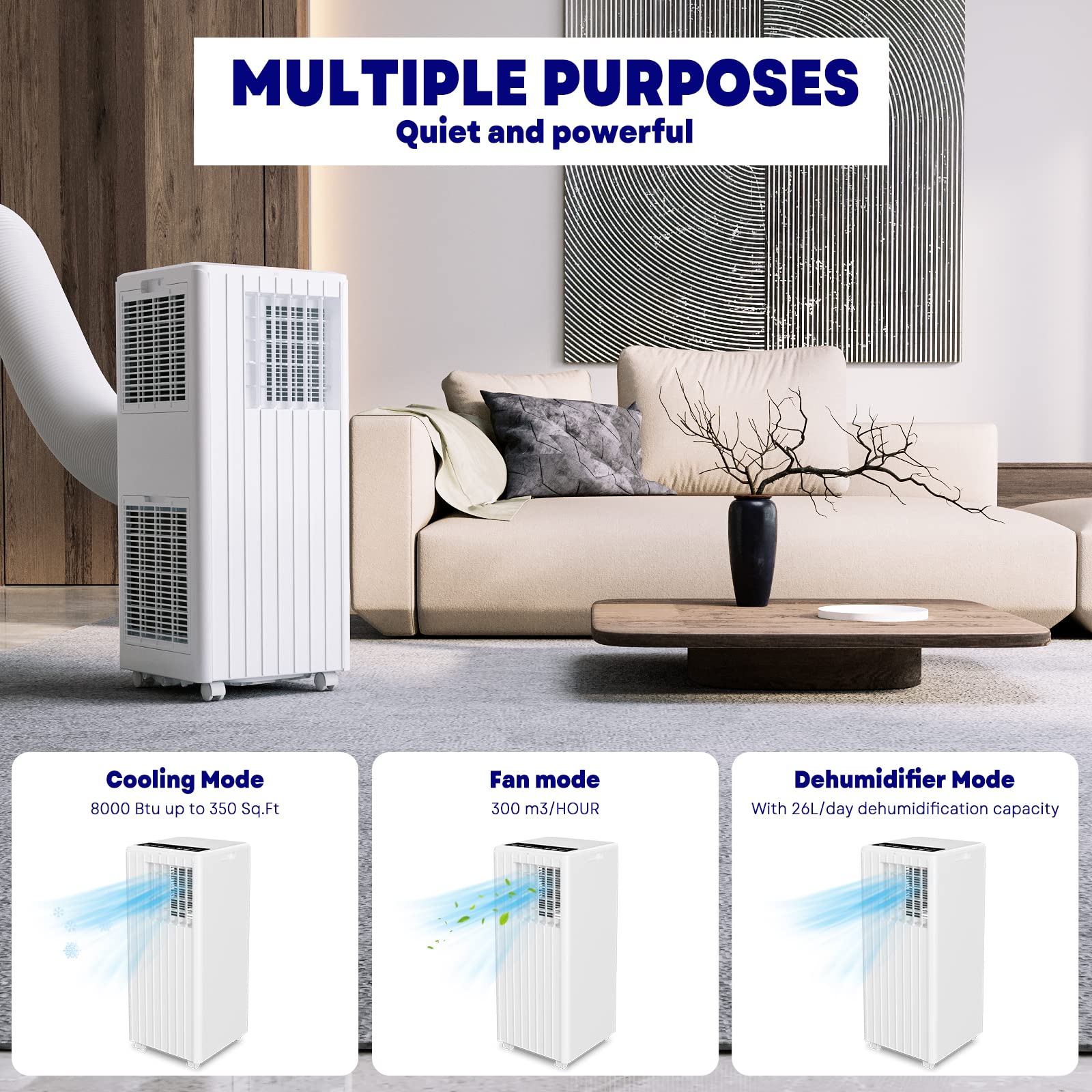 Acekool 8000BTU Portable Air Conditioner, Portable AC Unit with Remote Control, Energy-Efficient Cooling for 350 Sq.ft Spaces, 3-In-1 Cool, Fan, Dehumidify Modes, Portable AC for bedroom room indoor