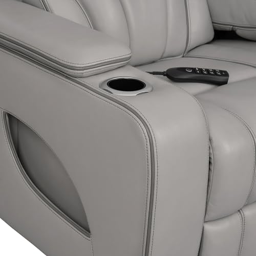 Armen Living Octavia Modern Zero Gravity Power Reclining Heated Massage Sofa, 86" Wide, Silver and Gray Top Grain Leather