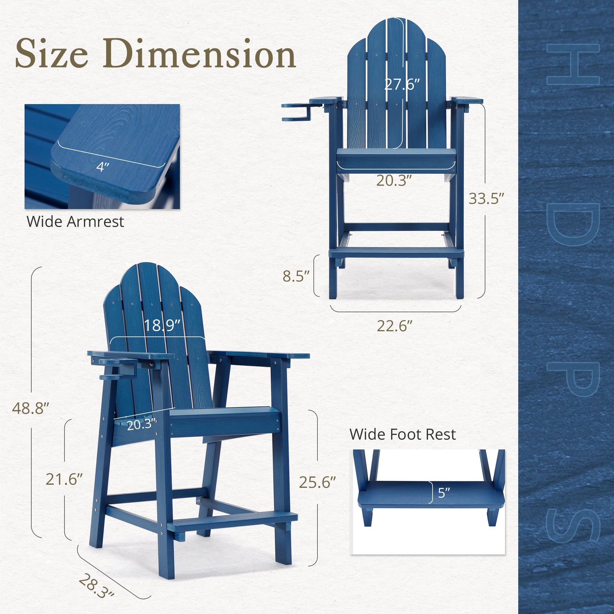 LUE BONA Tall Adirondack Chairs Set of 2 with Removable Table,Poly Adirondack Chair Bar Stools with Cup Holder, 25.6", 300Lbs, Weather Resistant Lifeguard Chair for Balcony,Deck