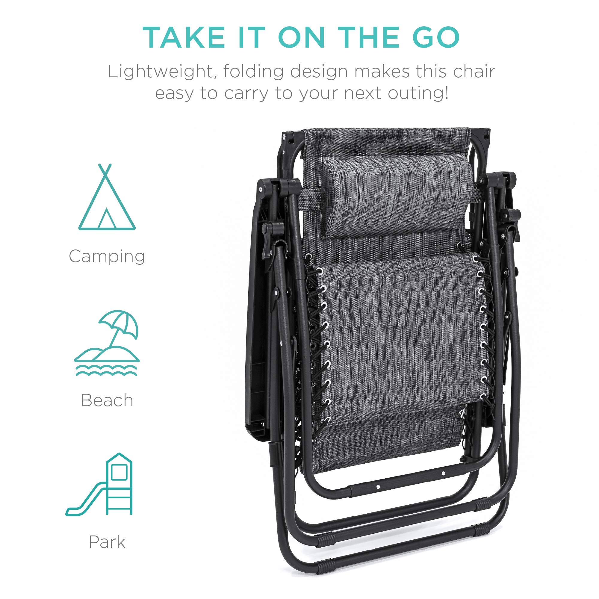 Best Choice Products Folding Zero Gravity Outdoor Recliner Patio Lounge Chair w/Adjustable Canopy Shade, Headrest, Side Accessory Tray, Textilene Mesh - Gray