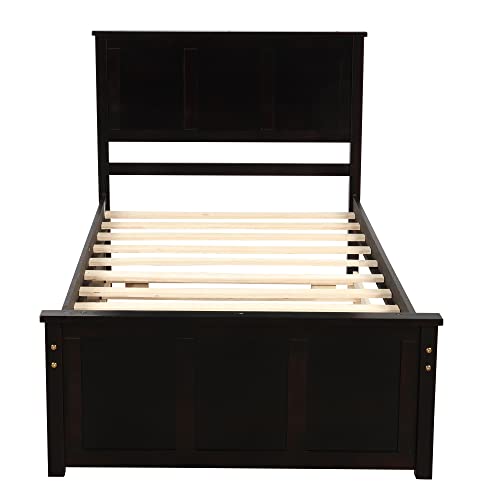 CITYLIGHT Twin Bed Frame with Trundle, Twin Trundle Bed with Headboard, Wood Twin Platform Bed for Kids,Girls,Boys or Guest Room,No Box Spring Needed,Espresso