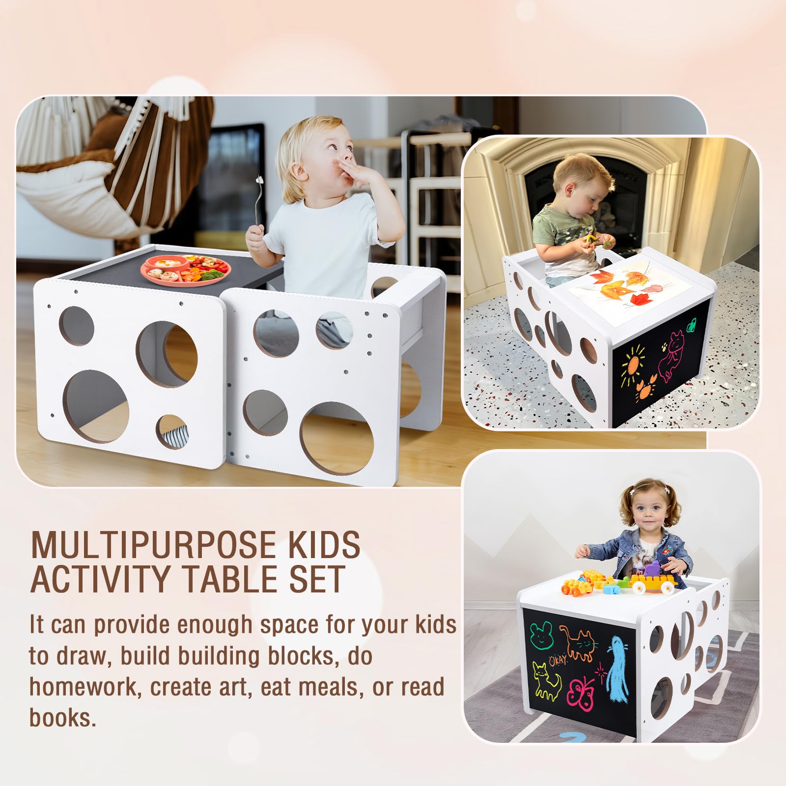 COMAX 3-in-1 Weaning Table Cube Chair Montessori Baby Table and Chair Set for Toddlers 1-3, Small Toddler Chair and Table Set, Wood Single Infant Activity Dining Table