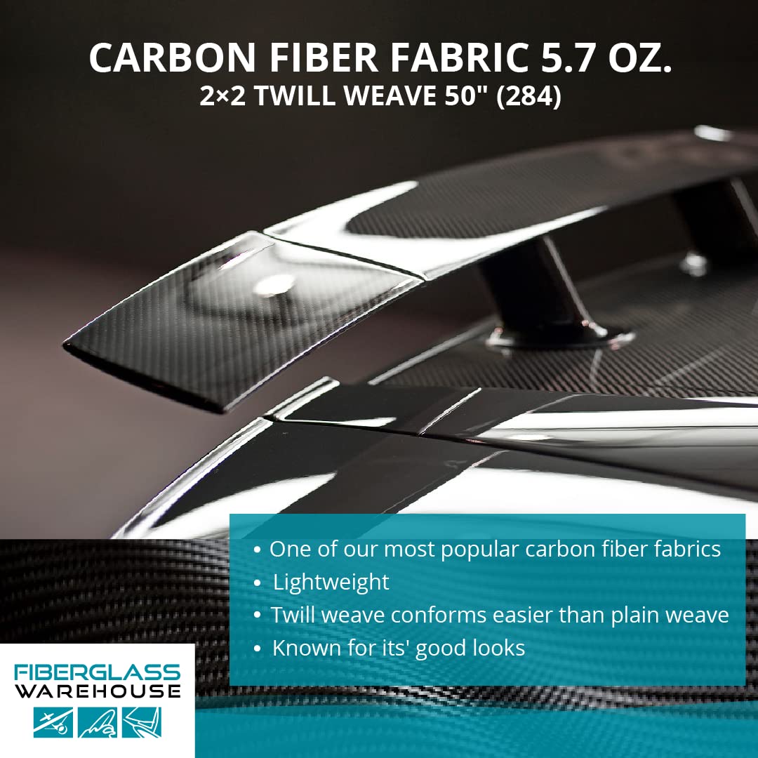 Carbon Fiber Cloth - 3K, 5.7oz x 50” - 2x2 Twill Weave Fabric - 10 Yard Roll