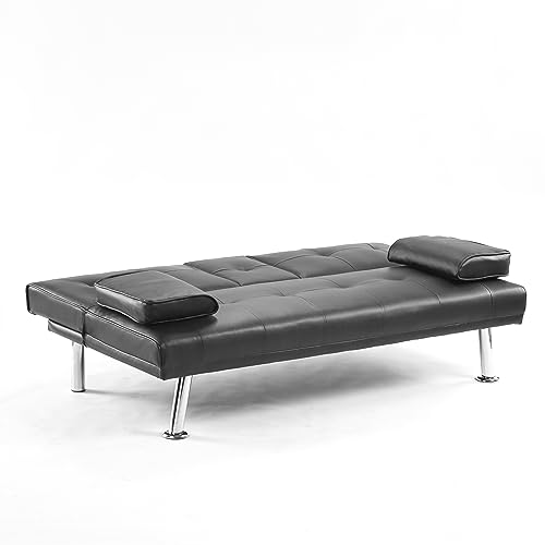 Convertible Sofa Bed Adjustable Couch Sleeper Modern Home Recliner Reversible Loveseat Folding Daybed Guest Bed for Living Room,PU,2 Cup Holders,3 Angles,Metal Legs,600lb Capacity