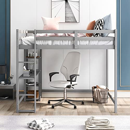 DEYOBED Full Size Wooden Loft Bed Frame with Built-in Desk Shelves for Kids Teens Adults