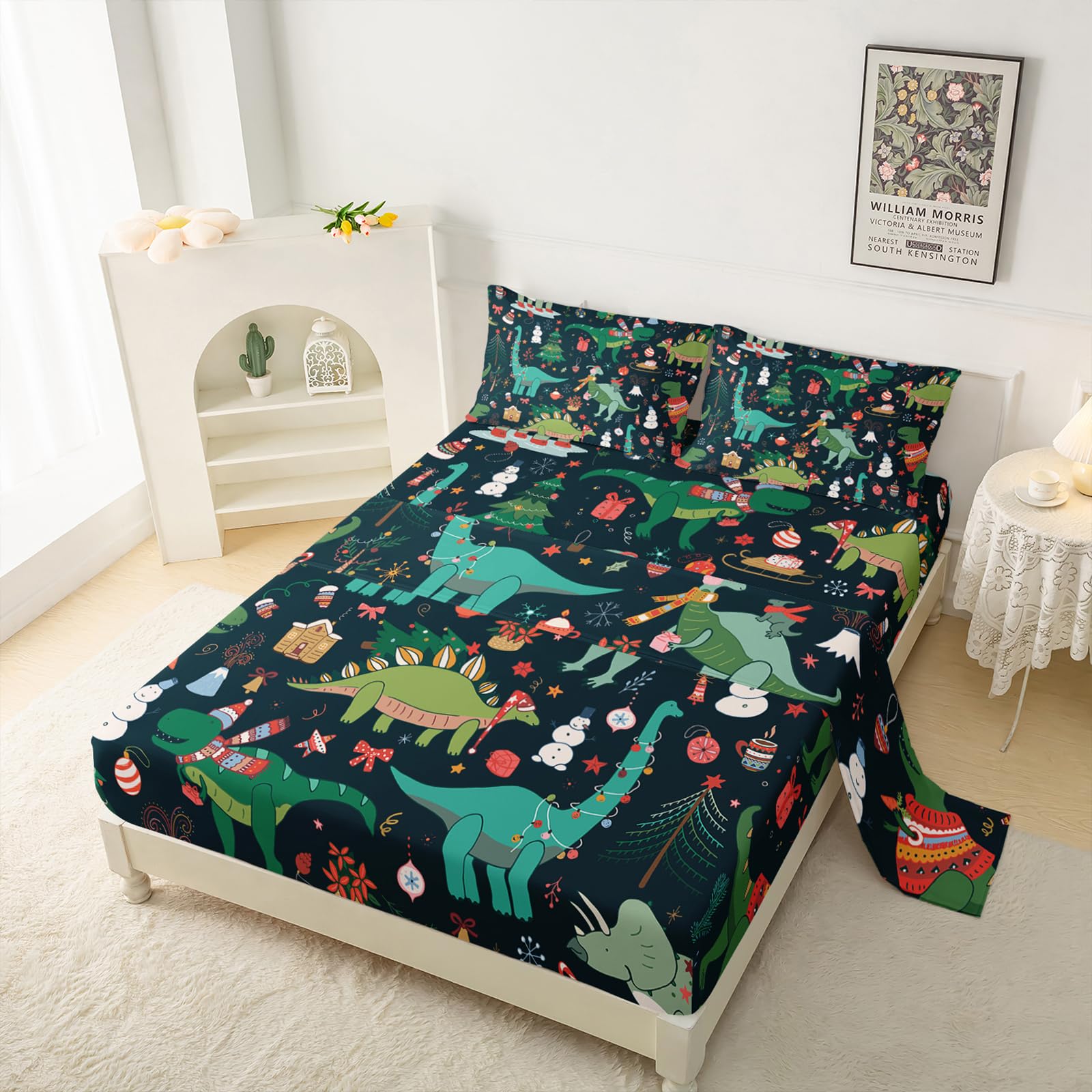 QOOMO Cartoon Dinosaur Sheets Set Queen Size,Dinosaurs Kids Sheets Set Set,Christmas Dinosaurs Printing Bedding Ultra Soft,Ultra Sheets Set Queen Size 1 Fitted Sheet, 1 Flat Sheet, 2 Pillow Cases
