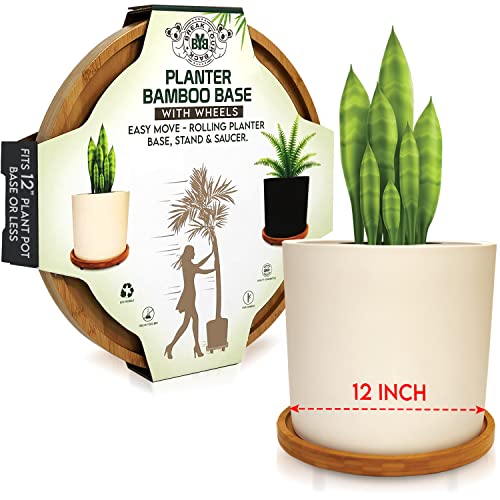 BYB Plant Caddy Stand Saucer with Hidden Wheels. Fits 12 inch or Less Round Planter. Bamboo, Elegant, Modern, Low Profile. Heavy Duty 275 lbs+ Capacity. More Colors/Shapes/Sizes.(Color: Bamboo)