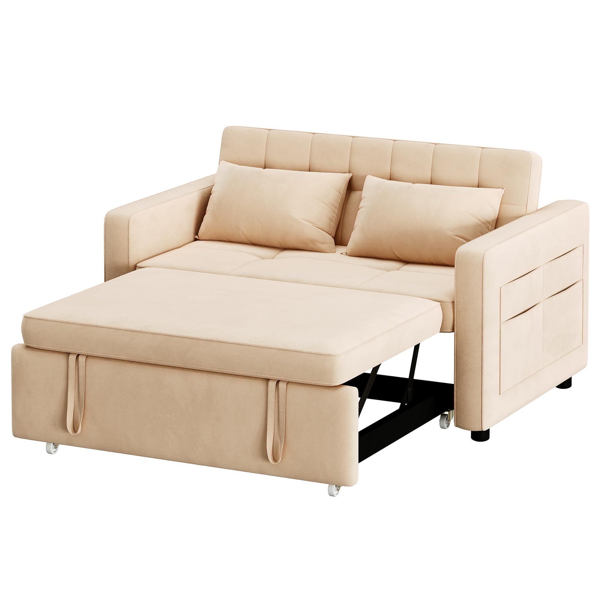 DWVO 55" Convertible Sofa Bed, 3-in-1 Sleeper Sofa with Pull-Out Bed, Velvet Futon Couch with Adjustable Backrest and Side Pocket, Modern Loveseat for Living Room Apartment, Black