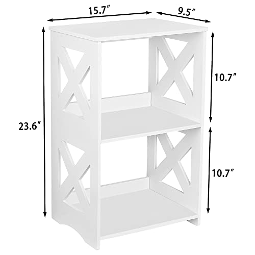 BYFU 3-Tier Side Table Set of 2, Narrow End Table with Storage Shelf, White Nightstand Bedside Table Small Bookshelf Bookcase Display Rack for Bedroom Bathroom Living Room Office