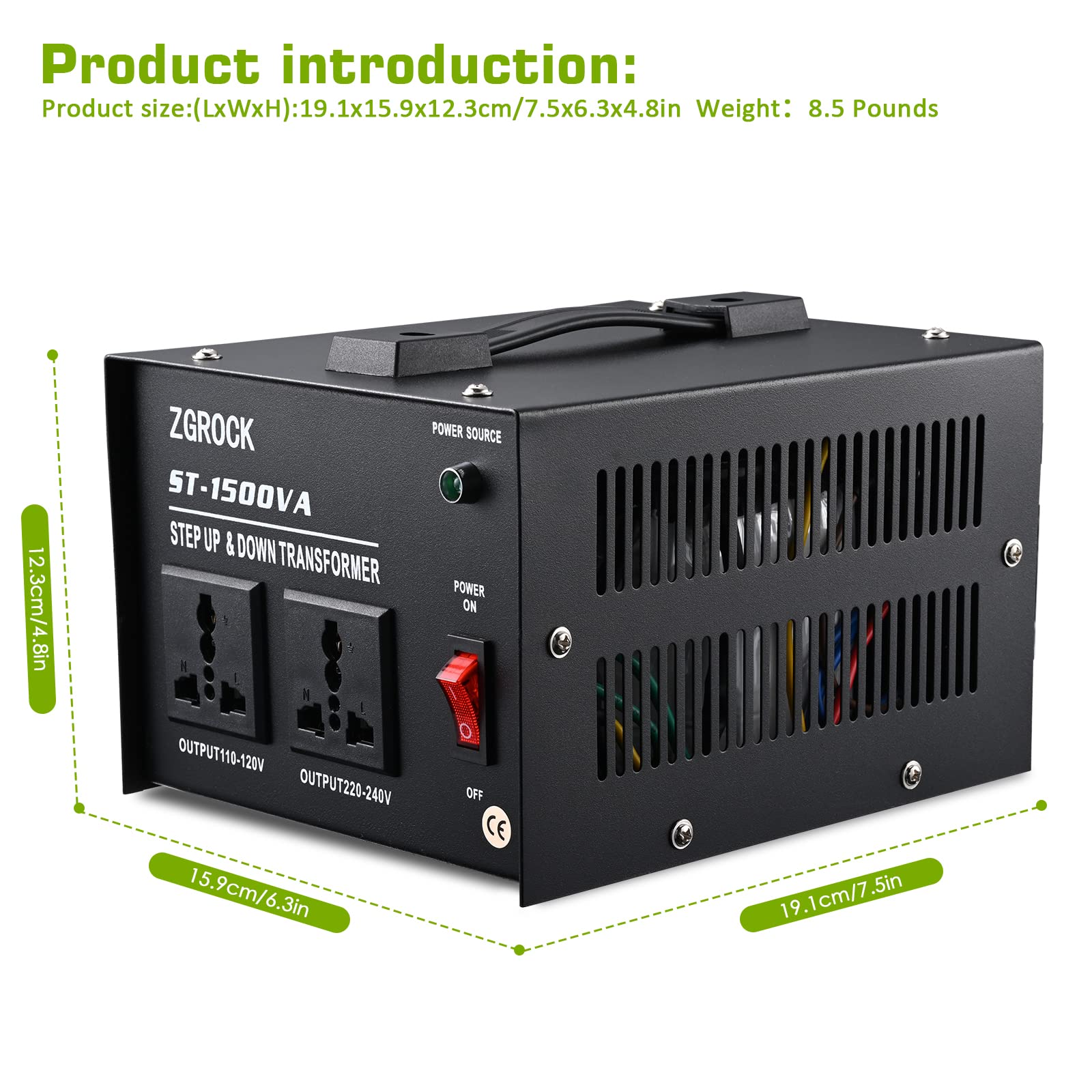 ZGROCK 1500W Voltage Converter Transformer Heavy Duty Step Up/Down- 110 / 220V- Circuit Breaker Protection