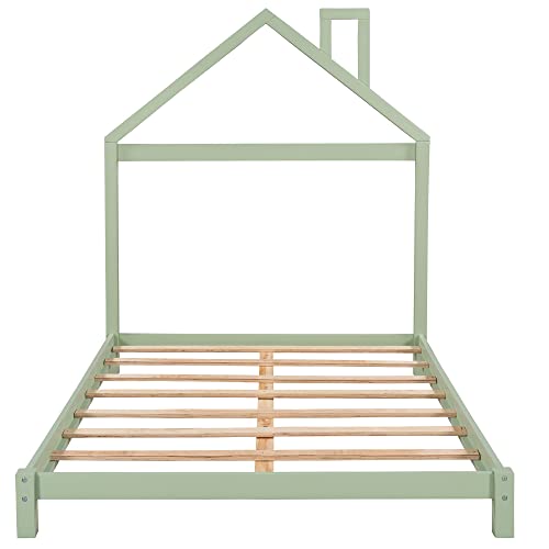 BIADNBZ Full Size Platform Bed Frame with House-Shaped Headboard for Kids Boys Girls Bedroom, Wooden Slats Support, No Box Spring Needed, Green